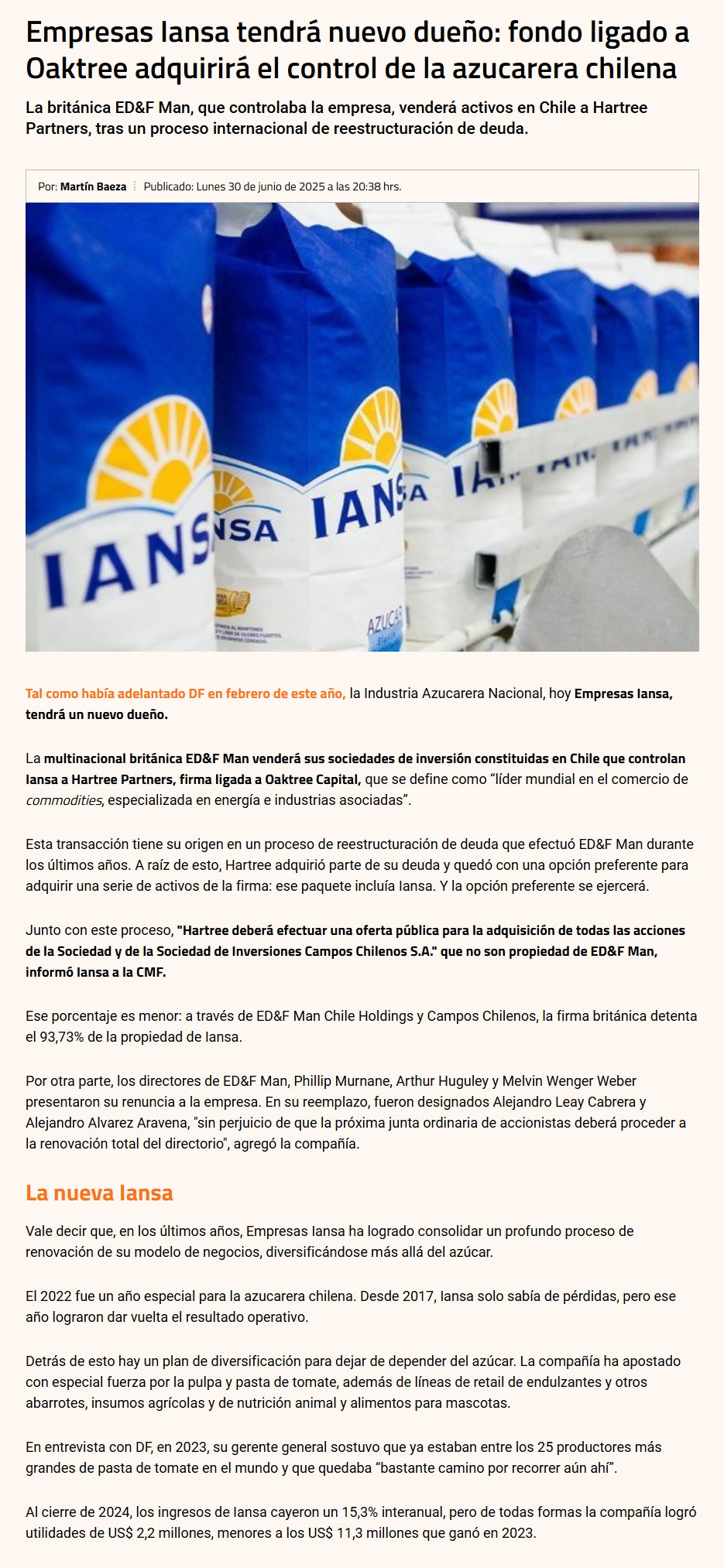 Empresas Iansa tendrá nuevo dueño: fondo ligado a Oaktree adquirirá el ...