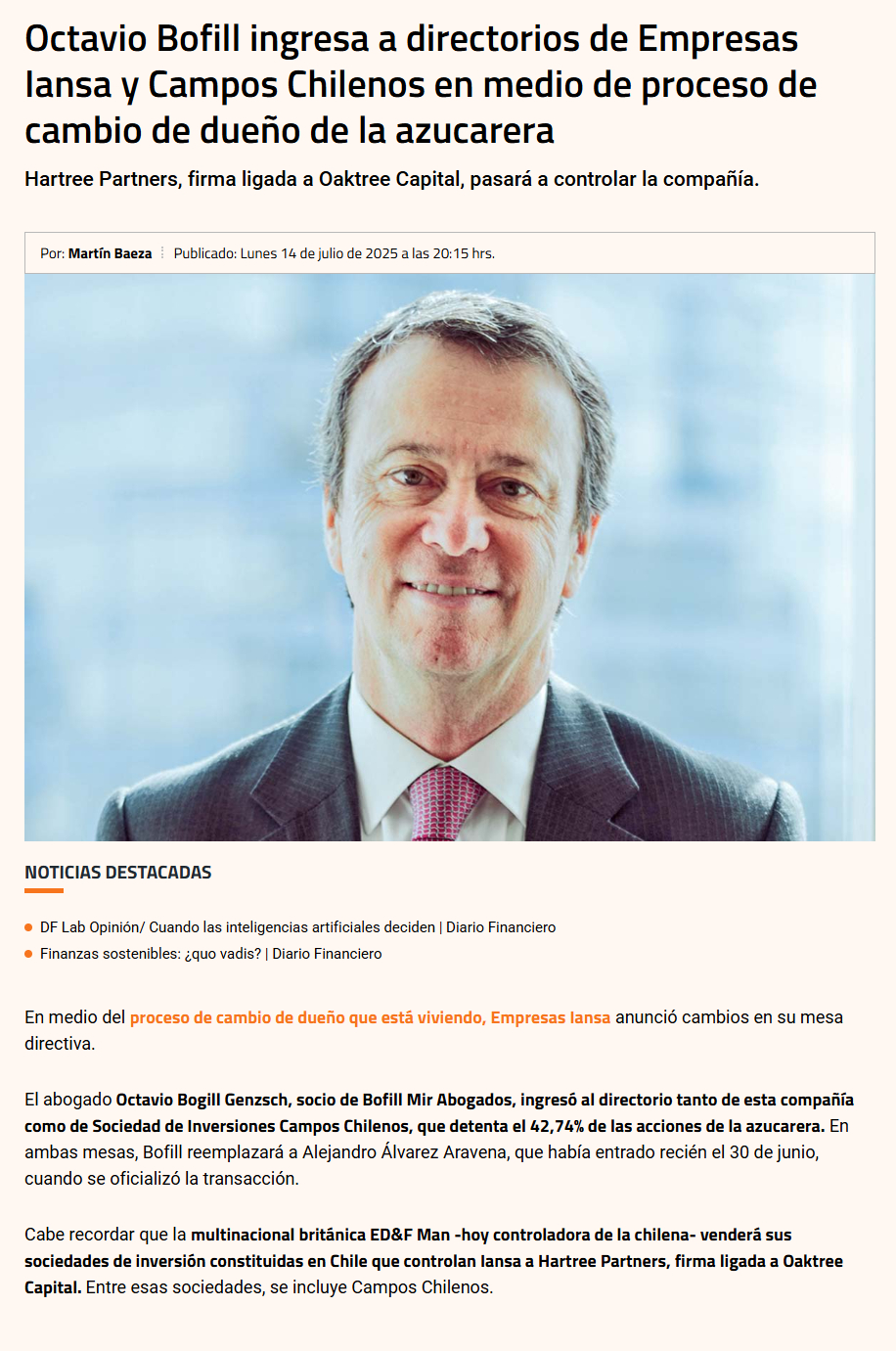Octavio Bofill ingresa a directorios de Empresas Iansa y Campos ...