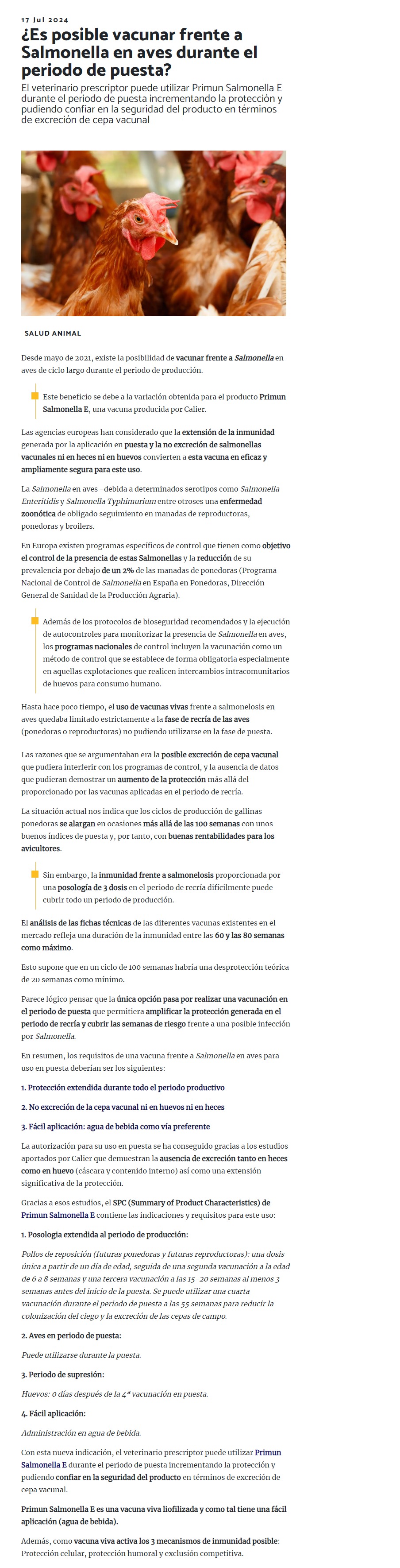 ¿Es posible vacunar frente a Salmonella en aves durante el periodo de ...
