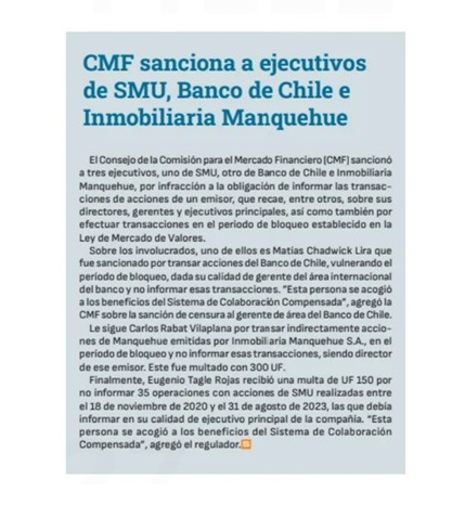 CMF sanciona ejecutivos de SMU, Banco de Chile e inmobiliaria Manquehue ...