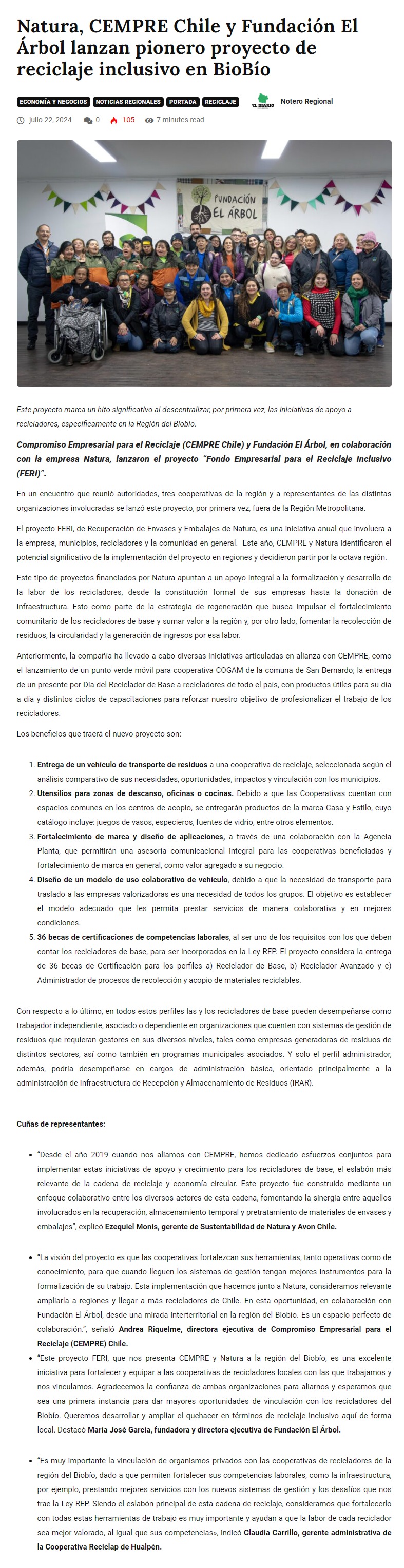 Natura Cempre en Chile y Fundación el Árbol lanzan pionero proyecto de ...