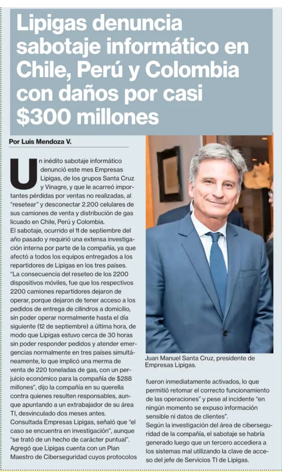 Lipigas denuncia sabotaje informático en Chile, Perú y Colombia con ...