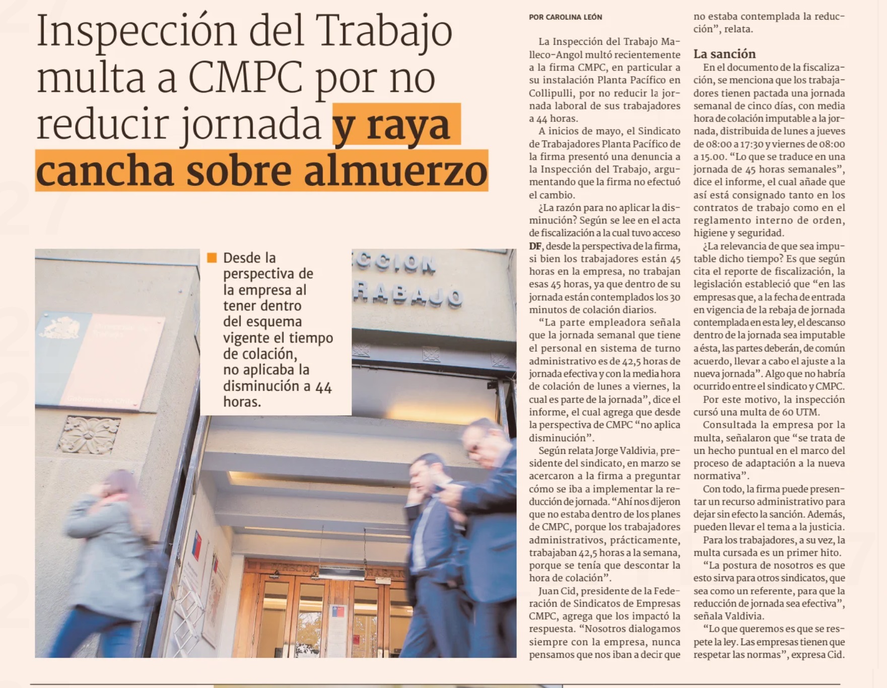 Inspección del Trabajo multa a CMPC por no reducir jornada y raya ...