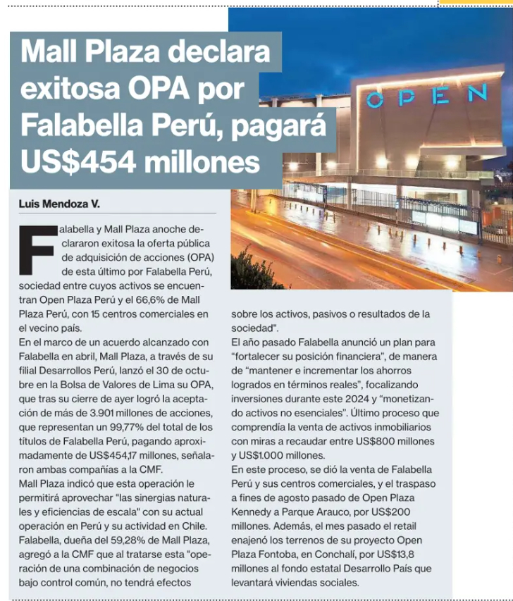Mall Plaza declara exitosa OPA por Falabella Perú, pagará US$454 ...