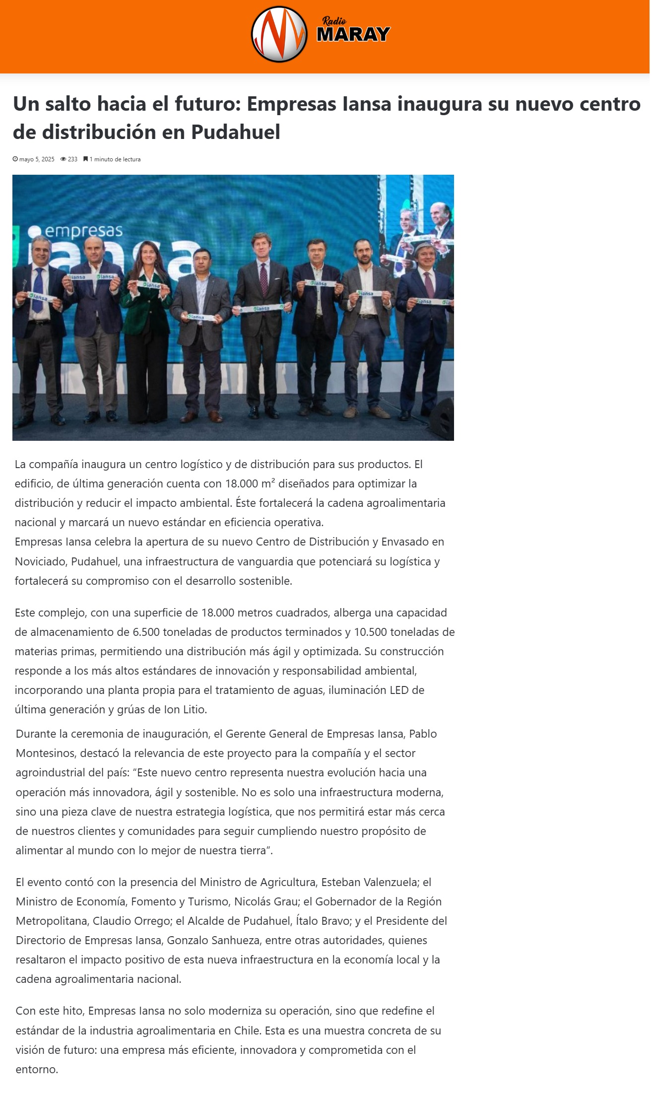 Un salto hacia el futuro: Empresas Iansa inaugura su nuevo centro de distribución en Pudahuel ...