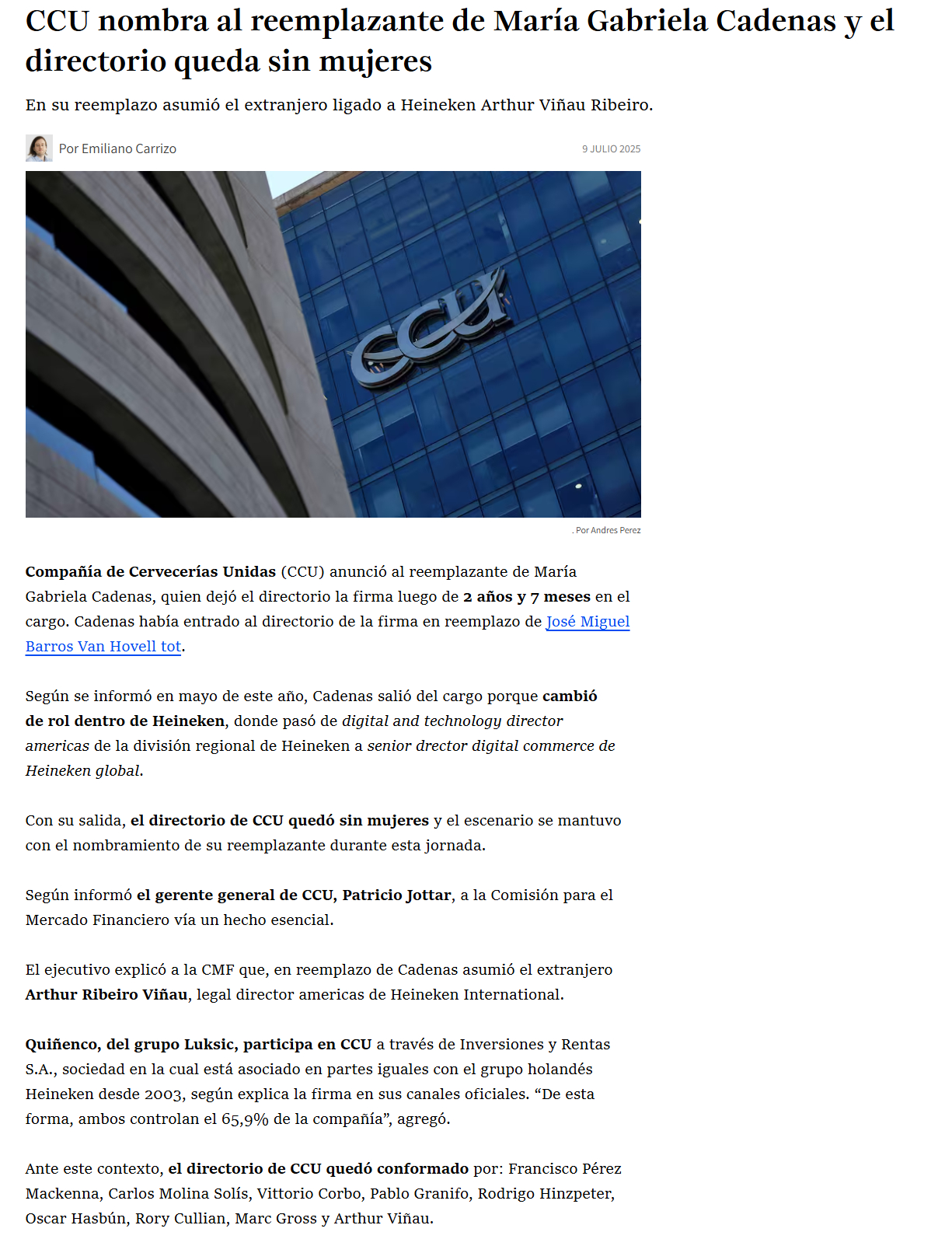 CCU nombra al reemplazante de María Gabriela Cadenas y el directorio ...